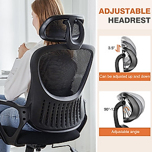 Sweetcrispy Office Computer Desk Chair, Ergonomic High-Back Mesh Rolling Work Chairs with Wheels and Adjustable Headrests, Comfortable Lumbar Support, Comfy Armrest for Home, Bedroom, Study,Black