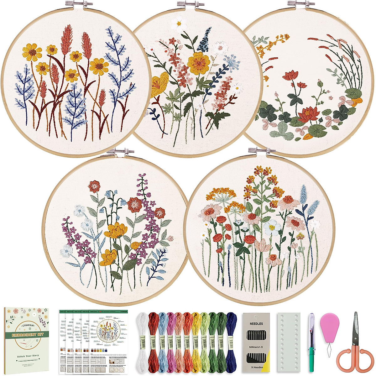 CYANFOUR 5 Pack Beginner Embroidery Kit for Adults, Easy to Learn Floral Embroidery Patterns from Video & Instruction, Needlepoint Kits for Adults Include Embroidery Hoop, Colorful Threads, Tools