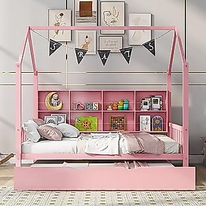 BIADNBZ Full Size House Platform Bed with Trundle and Storage Shelves, Wooden Daybed with Roof, Sofabed Frame for Kids/Teens Bedroom, Pink