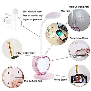 Hallocool Pink Desk Lamp for Girls Bedroom Cute Desk Lamp 6 in 1 Eye-Caring Study Table Lamp for Kids Girls Women College Dorm Bedroom Reading,Stepless Dimming