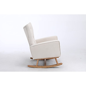 HHOK Rocking, Mid Century Modern Velvet Tufted Upholstered Rocker Armchair Padded Seat with Solid Wood Base, Accent Chair with High Backrest and Armrests for Living Room Bedroom Balcony, Beige