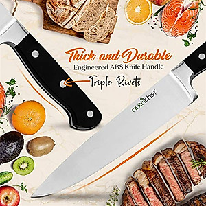 NutriChef 13 Piece Kitchen Knife Set - German Stainless Steel Kitchen Precision Knives Set w/ 6 Steak Knives & Bonus Scissors, Wooden Block Stand w/ Sharpener - Slicing, Chopping, Dicing - NCKNS13