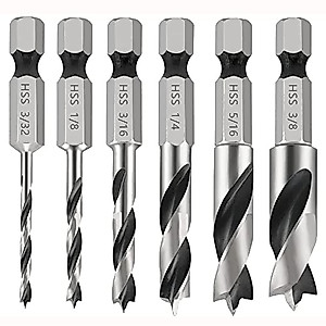 Eyech 6Pcs Brad Point Drill Bits Stubby Drill Bit Set for Wood |Spiral Twist Bit 1/4" Quick Change Hex Shank | 4241 High Speed Steel | for Quick Change Chucks and Drives