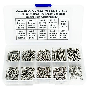 Guard4U 300Pcs Metric M2.5 304 Stainless Steel Button Head Hex Socket Cap Bolts Screws Nuts Assortment Kit- M2.5 x 4mm/ 6mm/ 8mm/ 10mm/ 12mm/ 14mm/ 16mm/ 18mm/ 20mm