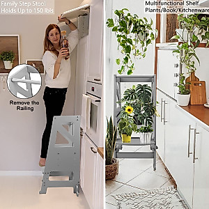 Toddler Kitchen Step Stool Toddler Standing Tower Toddler Step Stool Toddler Tower with Message Boards Safty Rail-Adjustable Kids Kitchen Step Stool for Kitchen Counter Bathroom Sink (Grey)