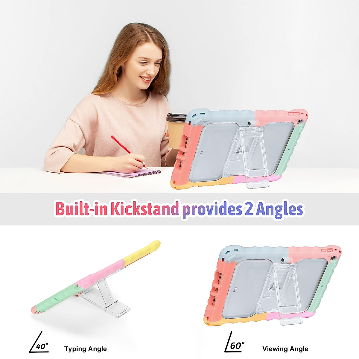 TopEsct iPad 9th/8th/7th Generation Case, iPad 10.2 Case for Kids with Portable Shoulder Strap, PET Screen Protector & Shockproof Silicone, Rainbow