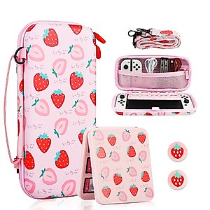 FANPL Carrying Case for Nintendo Switch & Switch OLED, Pink Cute Strawberry Travel Hard Protectiv Case for Switch with Adjustable Shoulder Strap, Game Case, Thumb Grips - Super soft plush lining