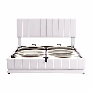 CJLMN Upholstered Platform Bed Versatility Bed, Queen Size Wood Bed Frame with Hydraulic Storage System, LED Lights, Sockets and USB Ports, Kids Adults Bedroom Furniture Storage Bed (White Bed)