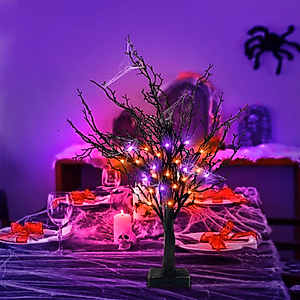 [ Timer ] 24 Inch Orange & Purple Lighted Halloween Tree with 24 LED Black Twigs Tree Lights Battery Operated Tabletop Halloween Spooky Tree Decorations for Indoor Home Party Holiday Festival Decor