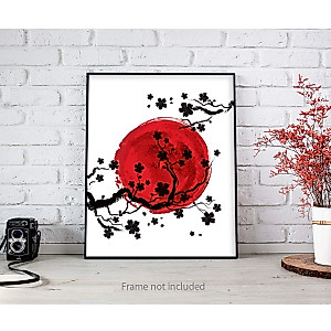 Cherry Blossom Wall Art Poster - Unframed 8x10 in - Beautiful Decorations Posters for Living Room - Pictures with Floral Pattern for Bedroom Decor - Black & White & Red Pics for Woman