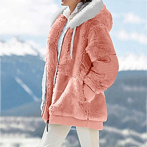 2023 Fleece Jacket Womens Plus Size Loose Fuzzy Jacket Colorblock Plush Zip Up Hoodies Casual Faux Fur Jacket Outerwear
