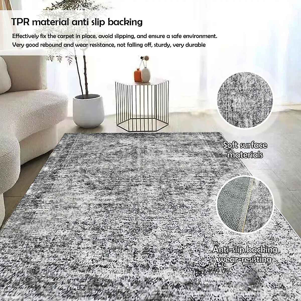 Area Rug 5x7 Washable Throw Rugs with Rubber Backing Stain Resistant Non-Slip Waterproof Foldable Thin Grey Rug Retro Carpet for Living Room Office Bedroom Bedside (C03, 5'x7')