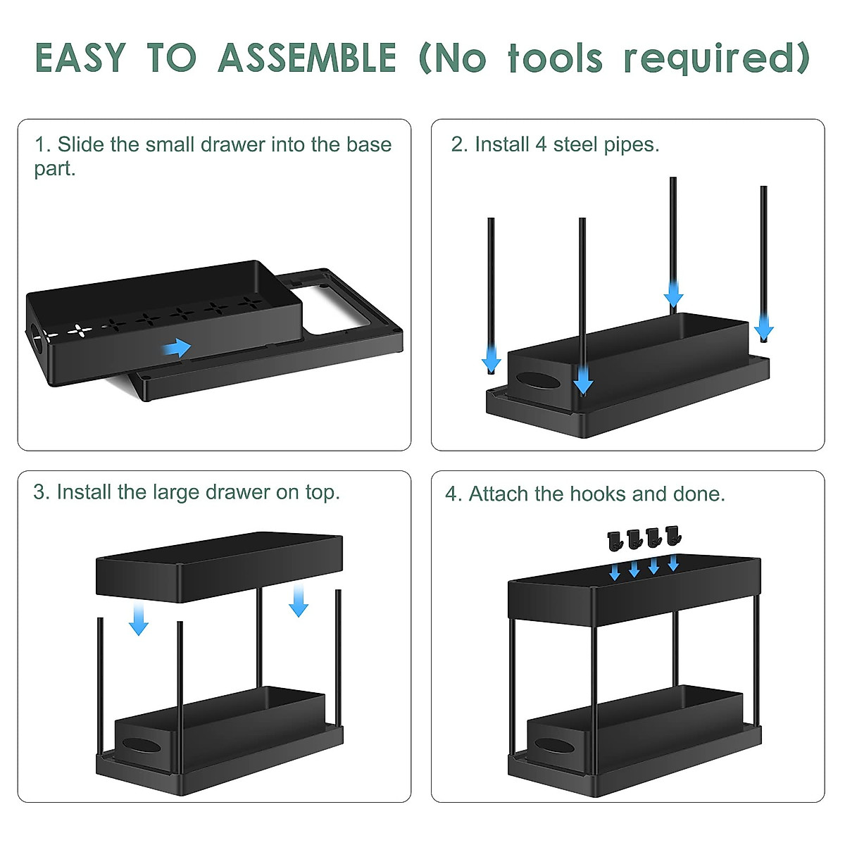 2 Pack Under Sink Organizers and Storage, 2-Tier Bathroom Organizer with Pull-Out Drawer & Hooks, Under the Sink Kitchen Cabinet Organizers Shelf for Countertop Laundry Organization and Storage-Black