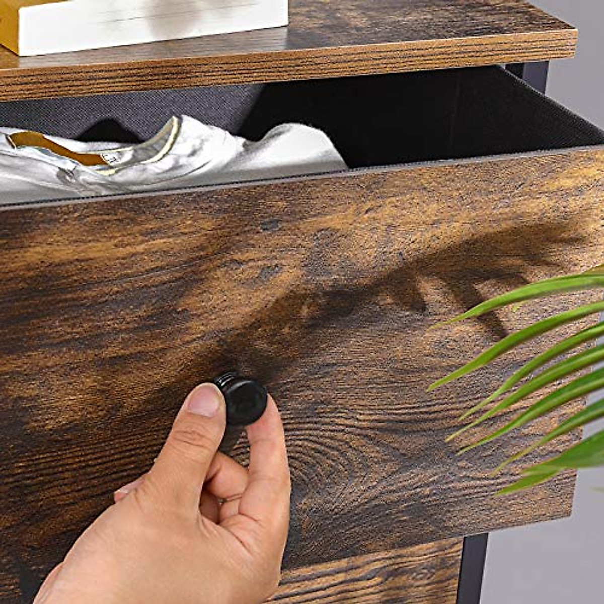 SONGMICS Dresser for Bedroom, Fabric Dresser with 4 Drawers, Wooden Top and Front, Metal Frame, Small Chest of Drawers, Rustic Brown and Black ULGS04H, 17.7 x 11.8 x 35.2 Inches