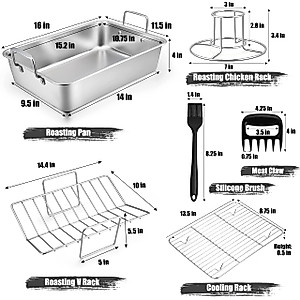 TeamFar Roasting Pan, Stainless Steel Large Turkey Roaster Pan with V Rack & Cooling Rack, Beer Can Chicken Holder & Meat Claws for Shredding & Silicone Brush, Healthy & Dishwasher Safe - 7 Pcs