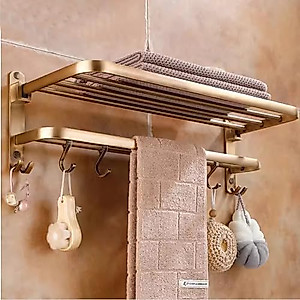 Bathroom Towel Rack Wall Mounted Towel Holder Bar Foldable Towel Shelf with Movable Towel Hooks Rustproof Aluminium Bath Kitchen Towel Holder Brushed Bronze Finish Towel Hanger Hardware Accessories (