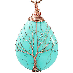 SUNYIK Green Howlite Turquoise Teardrop Pendant Necklace,Handmade Copper Wire Wrapped Jewelry