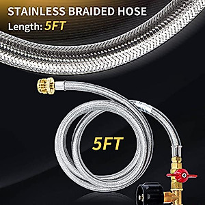 MENSI Upgrade 5 Feet 2 Way Y Splitter CGA Propane Tank Converter Adapter Braided Stainless Hose Assembly Replacement for QCC1 / Type1 20lbs Gas Tank for Camping Grill Stove