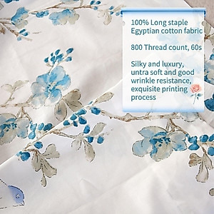 RYNGHIPY Flowers and Birds Sheet Sets Queen Size, Botanical Floral Egyptian Cotton Bedding Sheets, Shabby Cotton Sheets with Pillowcases Extra Breathable 4Pcs (Cyan,Queen Size)
