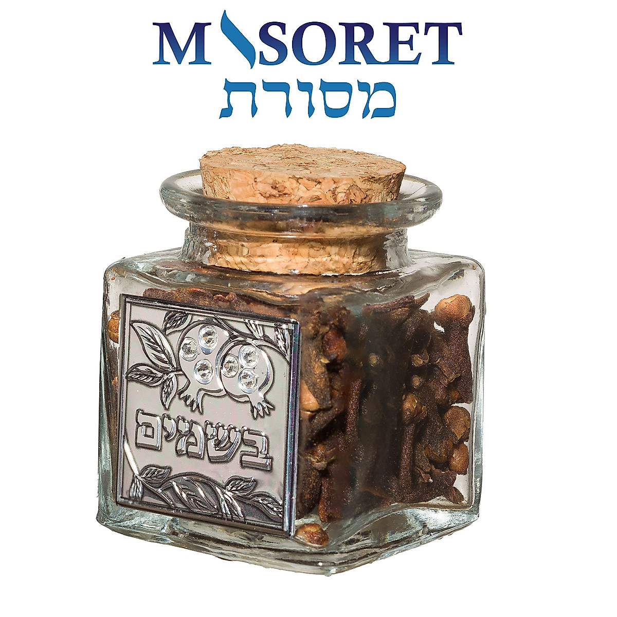 Masoret Set: Blue Havdalah Candle 11.8" with Glass Besamim Holder 2.4" 1.6" with Laser-Cut Plaque