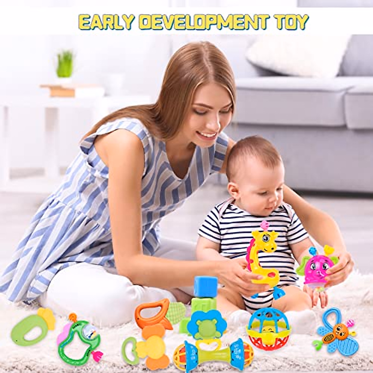 Baby Rattles Toys for 0-6 Months - 14 PCS Infant Toys 0-3 Month Old Baby Boy Girl Gifts Set with Teething and Wrist Socks Rattle Infant Newborn Sensory Toy