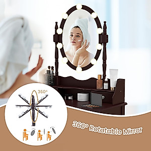 GOFLAME Vanity Table Set with Rotatable Mirror, Makeup Vanity Desk with 3-Color Dimmable LED Lights, 3 Drawers and Cushioned Stool, Dressing Table Set for Bedroom Studio (Brown)