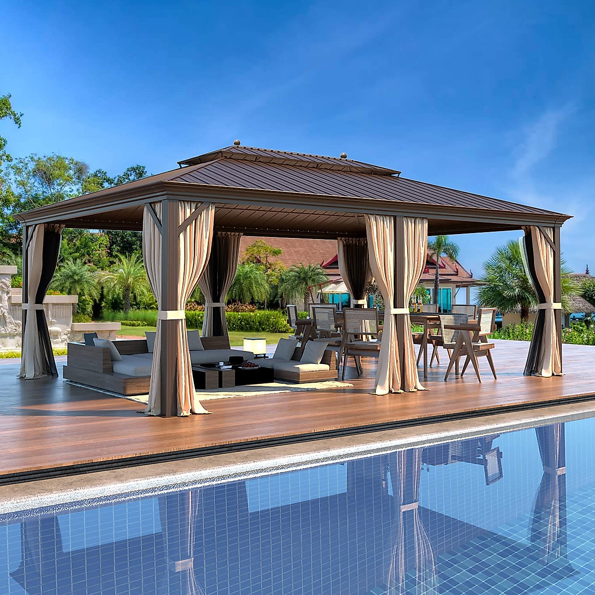 MELLCOM 14'x20' Galvanized Steel Hardtop Gazebo, Aluminum Frame Metal Outdoor Gazebo with Double Roof and Netting and Curtains for Patio Lawn Garden Brown