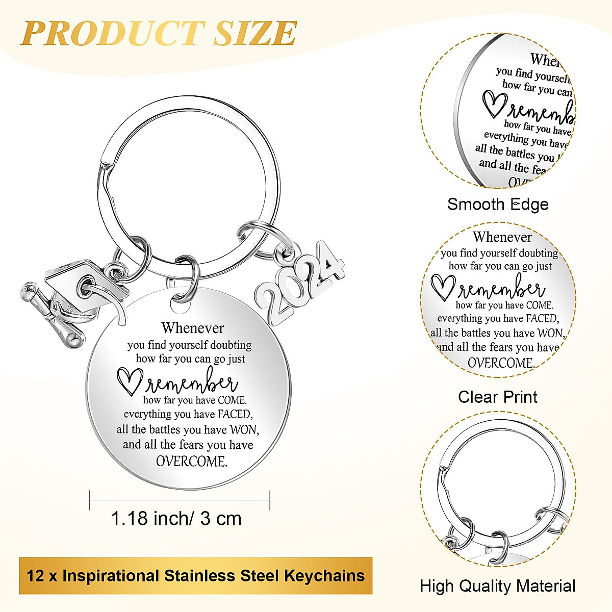 Bucherry 12 Sets 2024 Graduation Gifts Keychains Class of 2024 Gifts for Him Her Personalized Graduation Cards Inspirational Keychains College Graduation Gift Grad Keychain