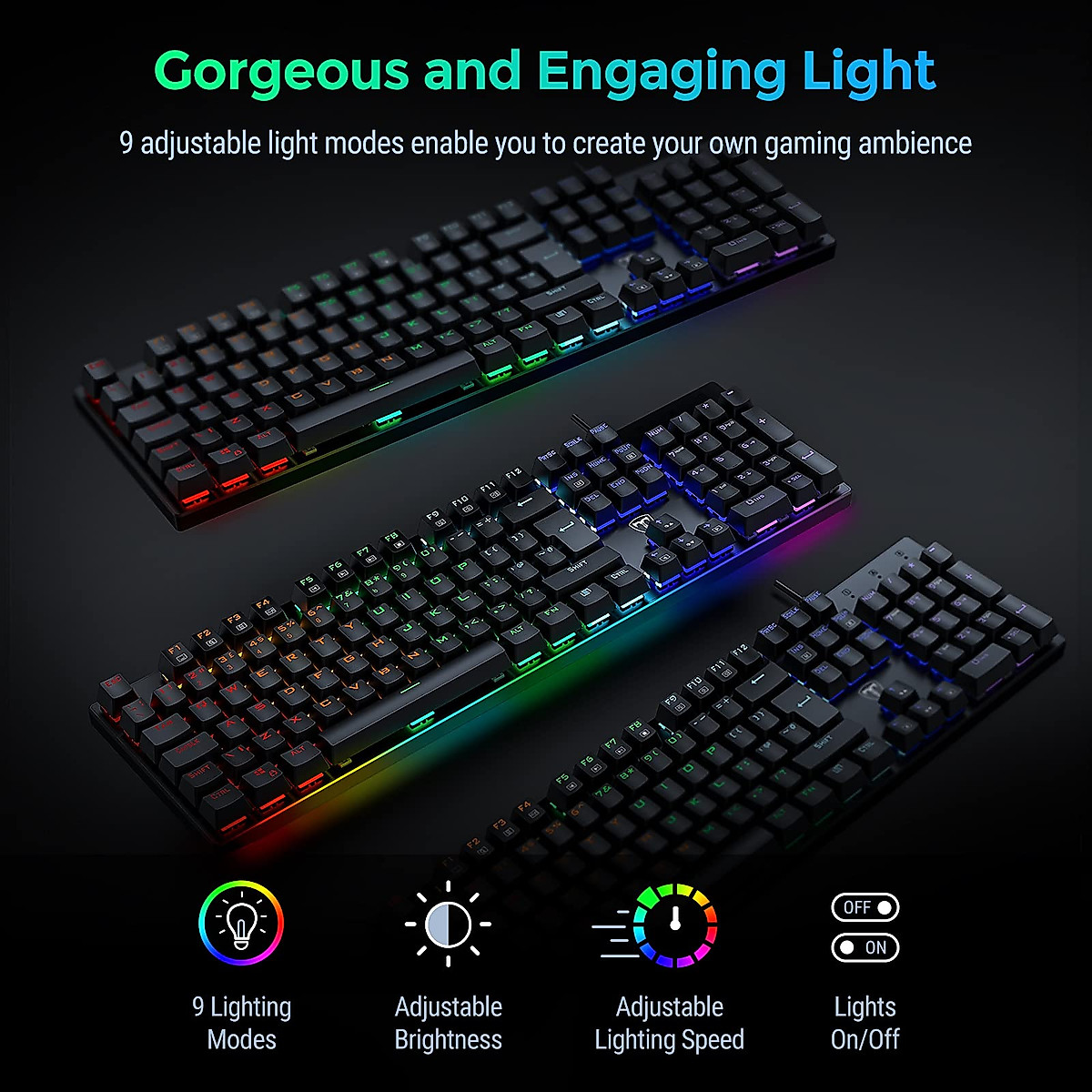 Mechanical Gaming Keyboard Full Size, Bllean LED Rainbow Backlit Ultra-Slim Wired Keyboard with Blue Switches, Full-Key Rollover, Ergonomic Water-Resistant USB Keyboard for Windows Mac Gaming
