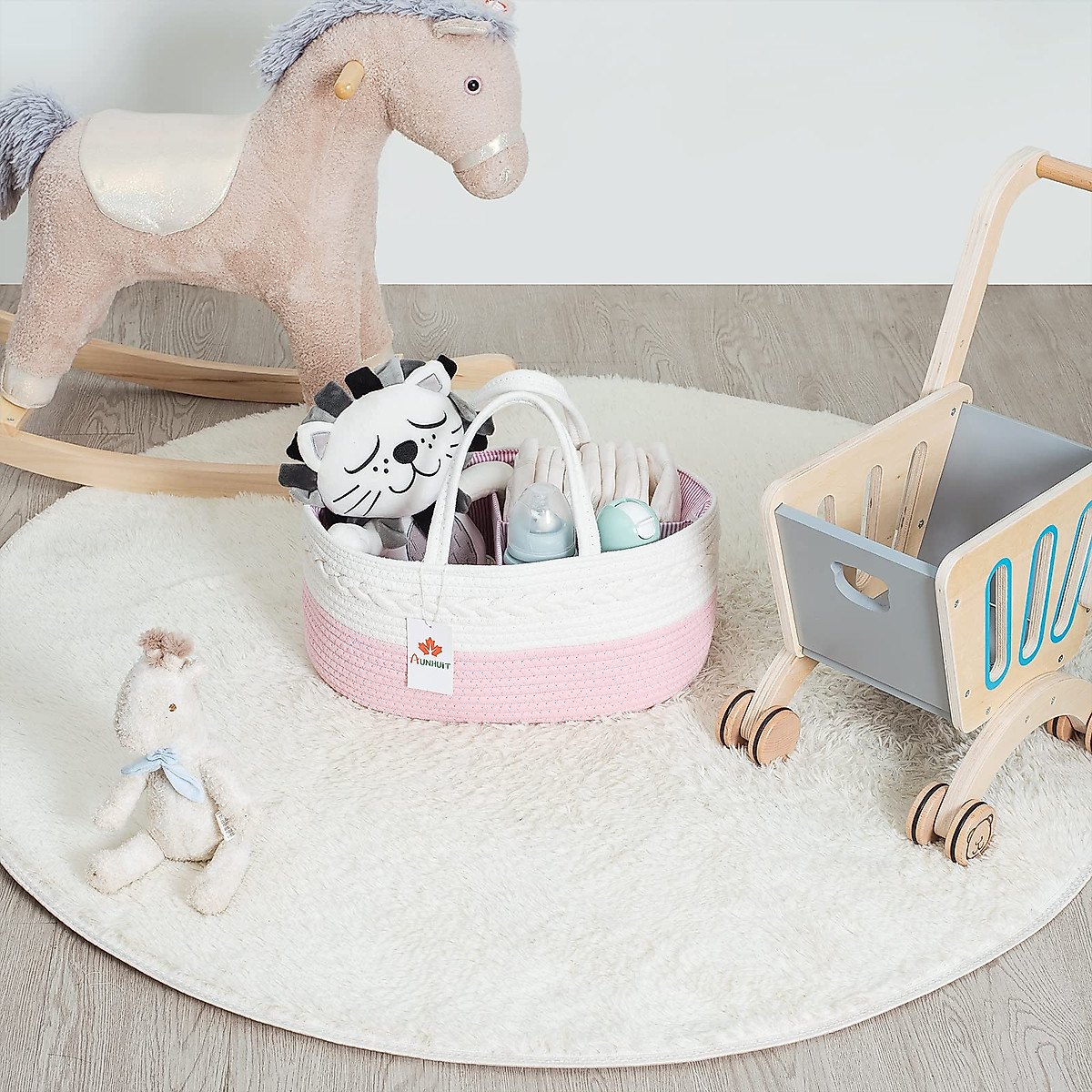 Large Baby Diaper Caddy Organizer Woven Cotton Rope Basket Rainbow Nursery Storage Bin Portable for Changing Table/Car Travel Bag Tote Newborn Registry Must Have Baby Shower Basket for Boy Girl