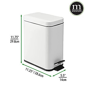 mDesign Small Modern 1.3 Gallon Rectangle Metal Lidded Step Trash Can, Compact Garbage Bin with Removable Liner Bucket and Handle for Bathroom, Kitchen, Craft Room, Office, Garage - White