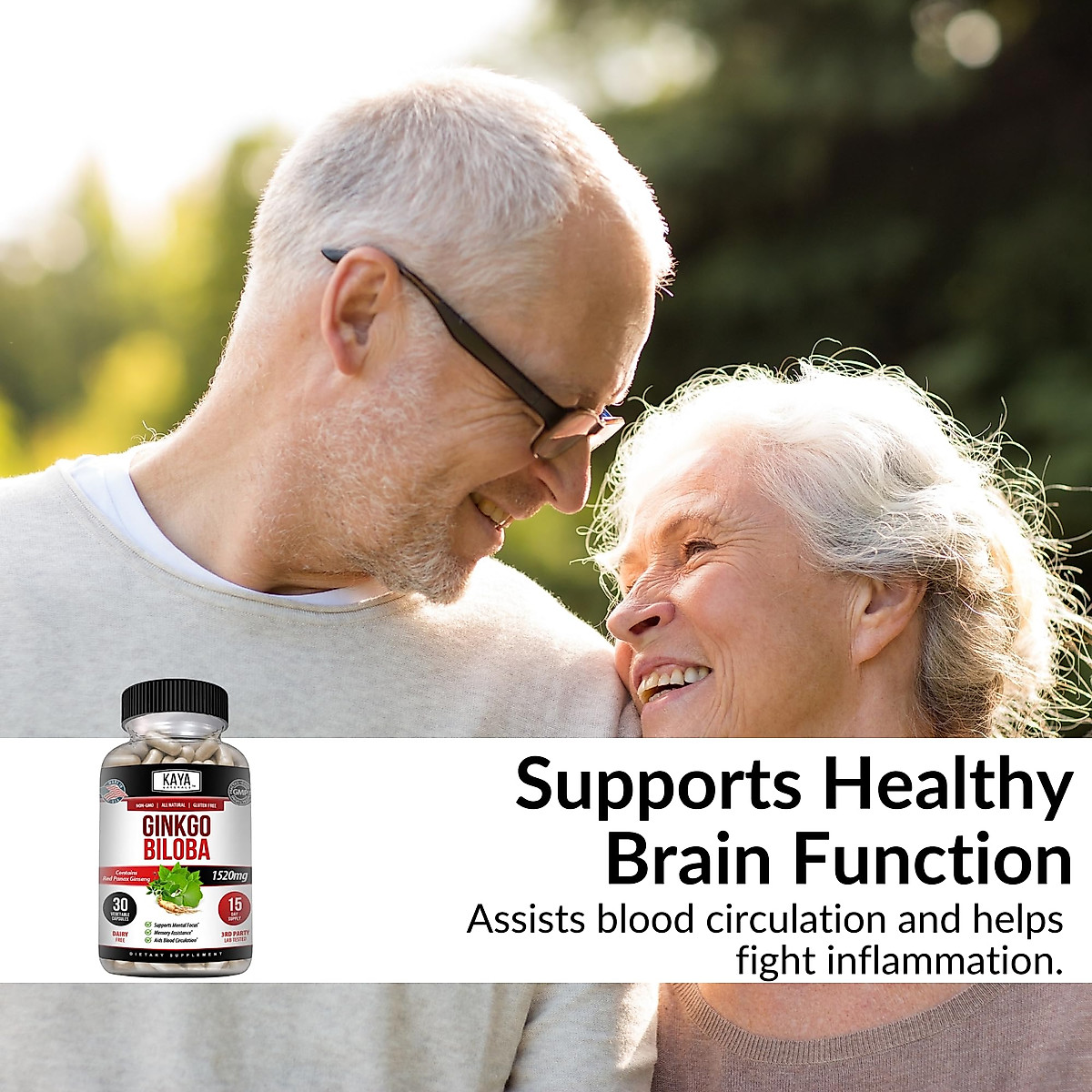 Kaya Naturals Red Panax Ginseng + Ginkgo Biloba | Nootropic Brain Supplement | Cognitive and Concentration Support | Brain Booster, Focus, and Memory Supplement | 30 Capsules