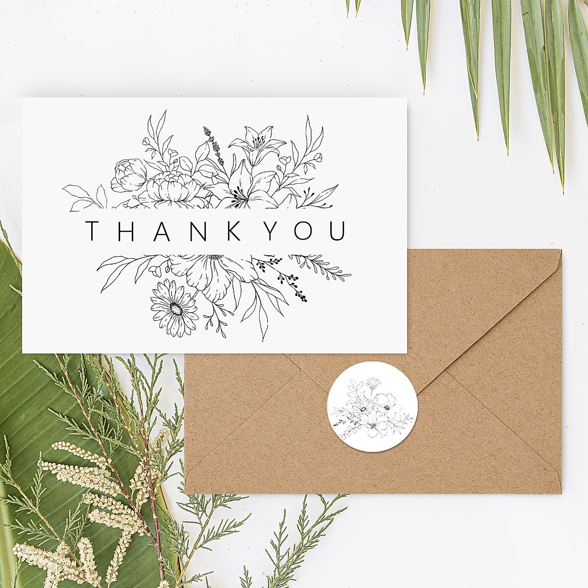 AnyDesign 32 Pack Floral Line Art Thank You Cards Black White Thank You Note Cards with Envelopes Stickers Minimalist Flower Blank Cards for Wedding Birthday Bridal Shower DIY Card Supplies