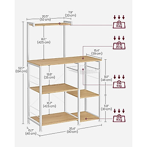 VASAGLE Baker's Rack, Microwave Stand, Kitchen Storage Rack with Wire Basket, 6 Hooks, and Shelves, for Spices, Pots, and Pans, Golden Oak and Cloud White UKKS035W09
