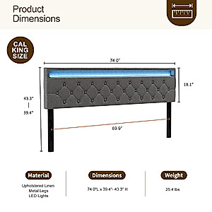 IKIFLY Upholstered California King Size LED Headboard with LED Lights & 2 USB Ports - Adjustable Height - Button Tufted Linen Fabric Padded Headboard Only, Easy Assembly - Dark Grey/Cal King