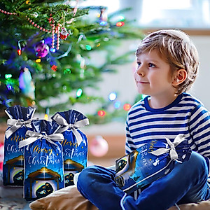 Funrous 50 Pcs Christmas Nativity Gift Bags Christmas Drawstring Plastic Bag Bulk Religious Gift Bags with Ties Xmas Holy Gift Wrapping Sacks for Birthday Party Treat Candy Goody Christmas Presents