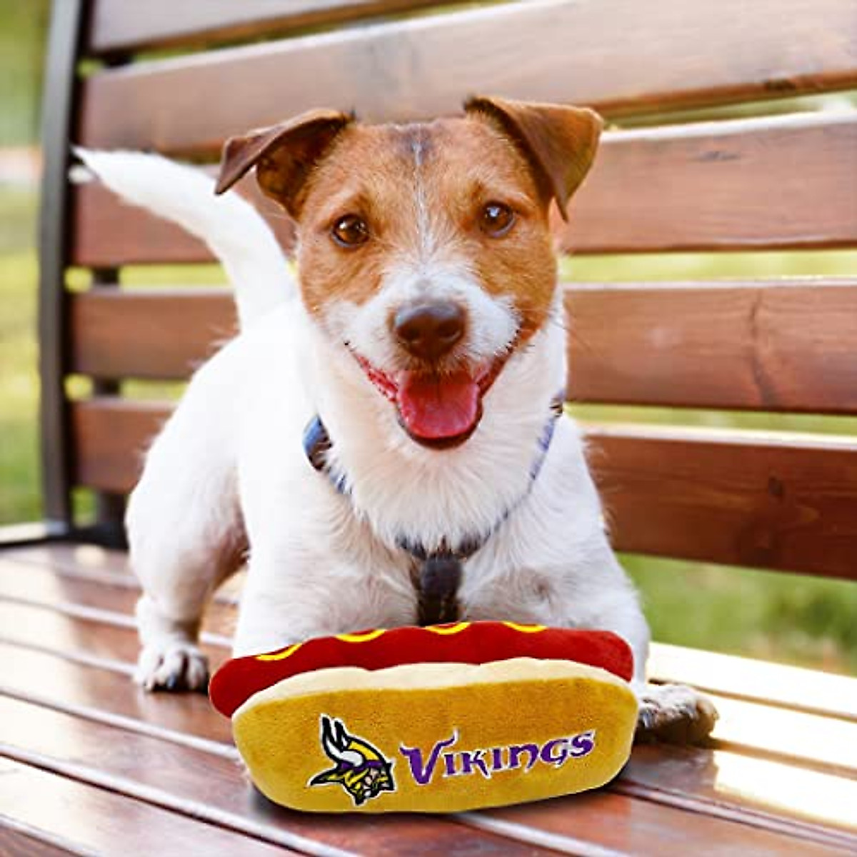 Pets First NFL Minnesota Vikings HOT Dog Plush Dog & CAT Squeak Toy - Cutest HOT-Dog Snack Plush Toy for Dogs & Cats with Inner Squeaker & Beautiful Football Team Name/Logo 8 x 5 x 3 Inches