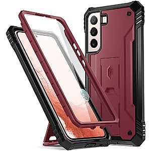 Poetic Revolution Case for Samsung Galaxy S22 5G 6.1 inch, Built-in Screen Protector Work with Fingerprint ID, Full Body Rugged Shockproof Protective Cover Case with Kickstand, Maroon Red