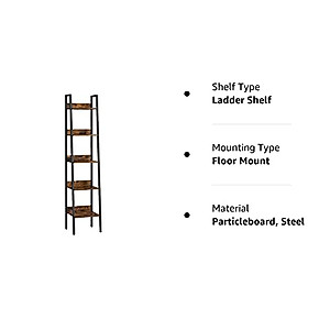 VASAGLE Bookshelf, 5-Tier Narrow Book Shelf, Ladder Shelf for Home Office, Living Room, Bedroom, Kitchen, Rustic Brown and Black ULLS109B01