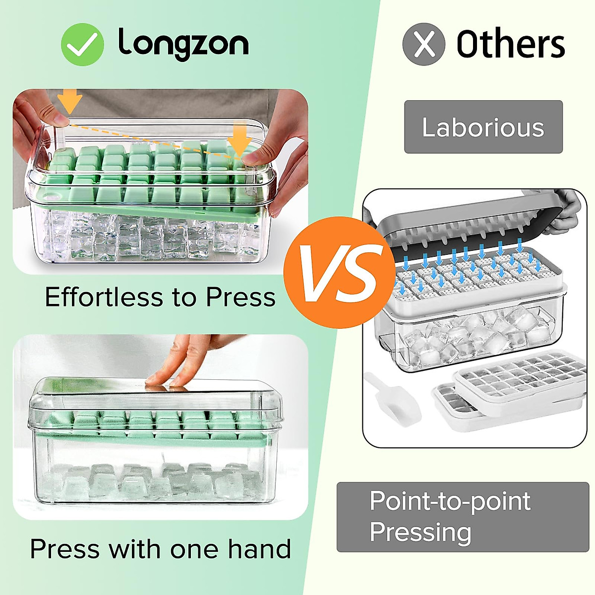 longzon Mini Ice Cube Tray with Lid and Bin, 60 pcs Ice Cube Trays for Freezer, Ice Cube Mold, Ice Molds Spill-Resistant Removable Lid & Ice Scoop, Ice Cube Tray Mold for Whiskey Cocktail, Tea, Coffee