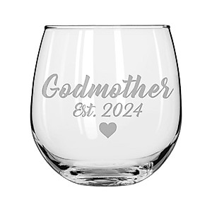 MIP Brand Wine Glass for Red or White Wine Godmother Est 2024 Christening Baptism (16 oz Stemless)