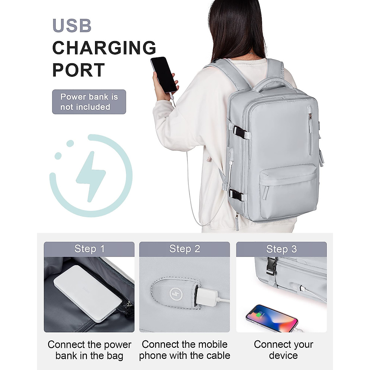 Carry On Backpack for Women, Airline Approved Personal Item Large Travel Backpack Flight Approved, Waterproof Laptop Bag Business Work Gym Backpacks Men Grey Mochila De Viaje