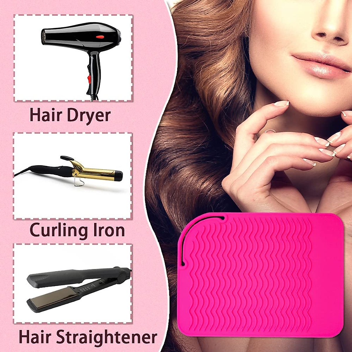 2 Pack Silicone Heat Resistant Travel Mat, Non Slip Curling & Flat Iron Mat Pad, Portable Styling Heat Mat for Hot Hair Tools, Straightener, Salon Appliances, 9x6.5 (Rose red,Purple)