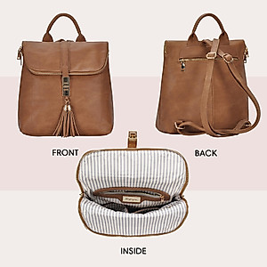 Miztique The Diana Backpack Purse for Women, Flap Over Tote Bag, Soft Vegan Leather - Tan