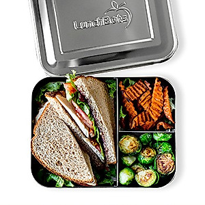 LunchBots Large Trio Stainless Steel Lunch Container -Three Section Design for Sandwich and Two Sides - Metal Bento Lunch Box - Eco-Friendly - Stainless Lid - Pink Dots