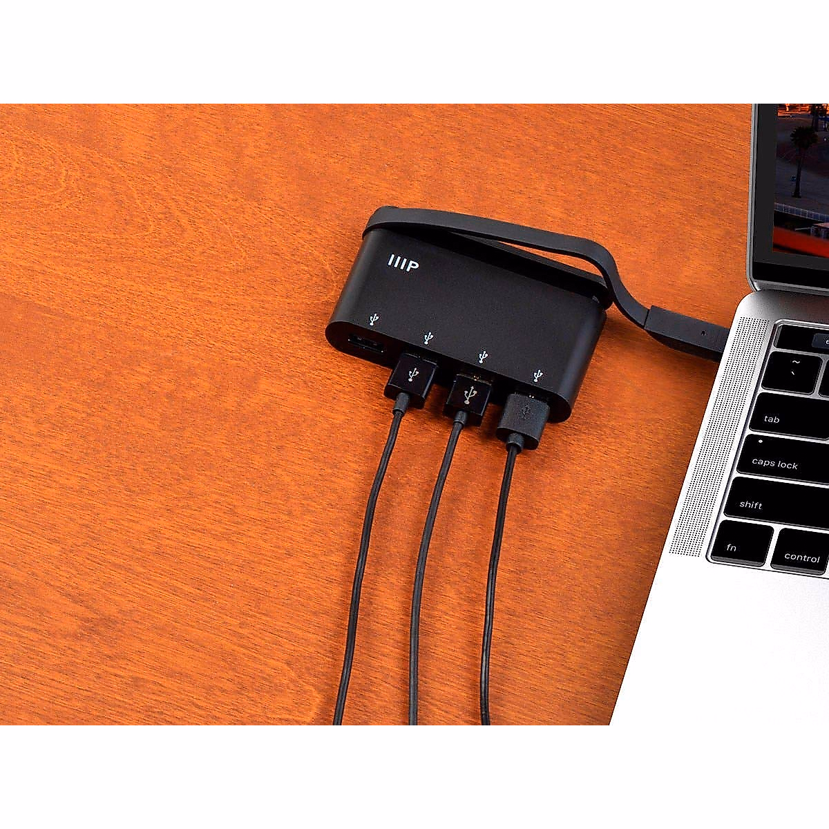 Monoprice 133570 USB-C to 4-Port/USB 3.0 Hub Adapter - Black with Folding USB Type-C Connector - Mobile Series