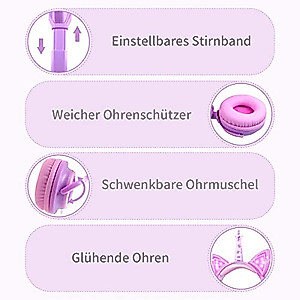 LOBKIN Unicorn Kids Headphones Cat Ear, Wired Toddler Headphones with LED Light Up, 85dB Volume Limited, Foldable 3.5mm Jack Girls Headphones for School/Travel/iPad/Tablet - Purple