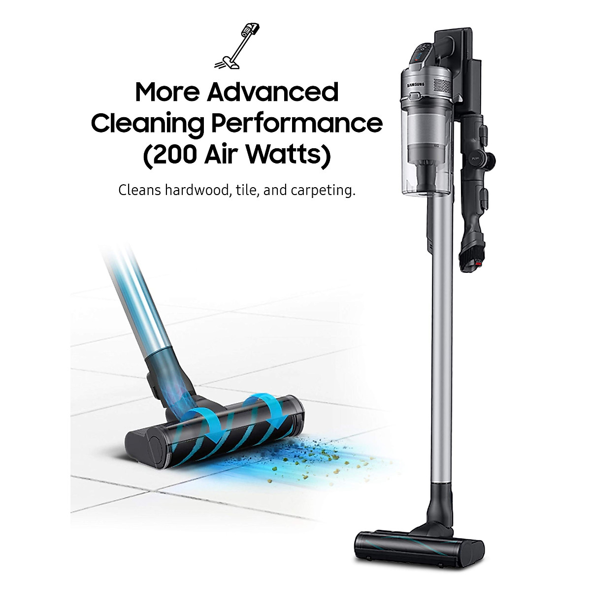 Samsung Jet 75 Stick Cordless Lightweight Vacuum Cleaner with Removable Long Lasting Battery and 200 Air Watt Suction Power, Complete with 180 Deg Swivel Brush, Titan Silver