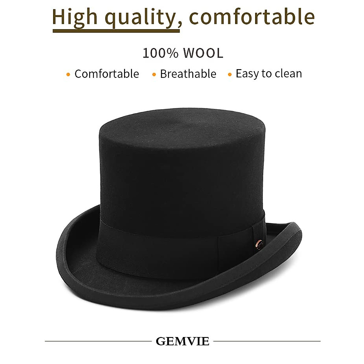 GEMVIE Men 100% Wool Mad Hatter Satin Lined Black Low Top Hats