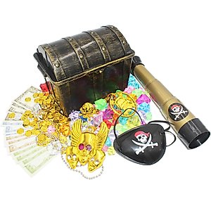 Pemalin Pirate Treasure Chest Toy Set for Kids Pirate Treasure, Pirate Themed Role Play Party Favors Decoration Storage Box Pirate Role Play Treasure Hunting Game for Halloween, Birthday, Christmas